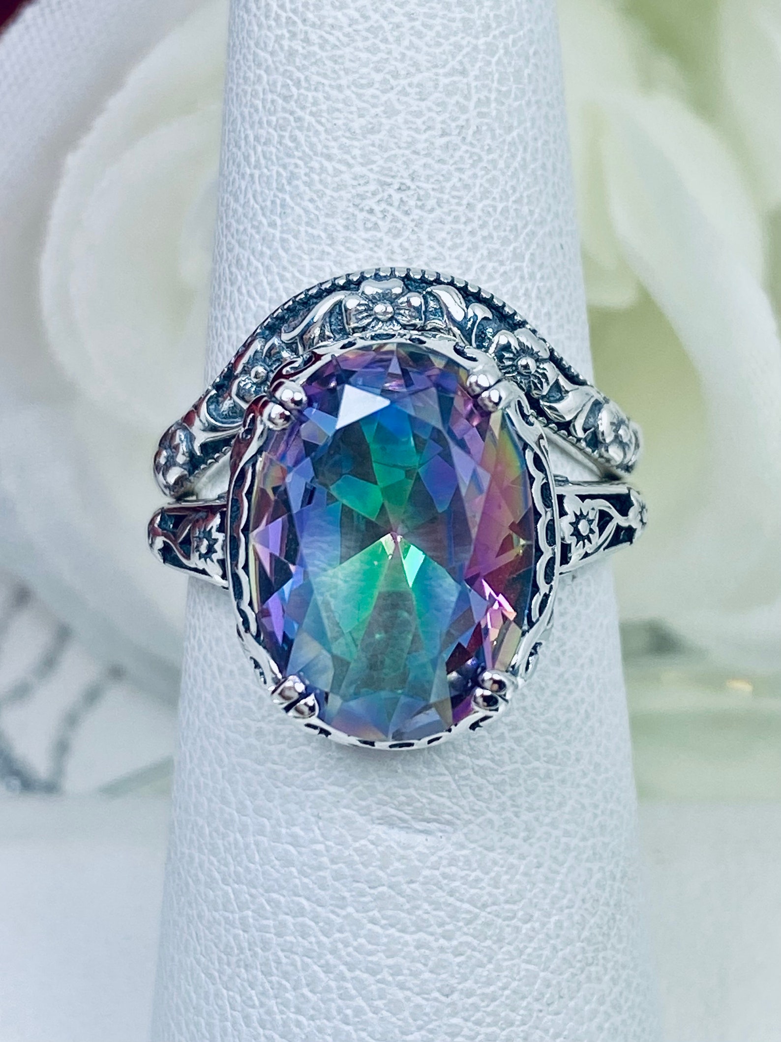 Rainbow Mystic Ring With Floral Band Set, Sterling Silver Ring ...