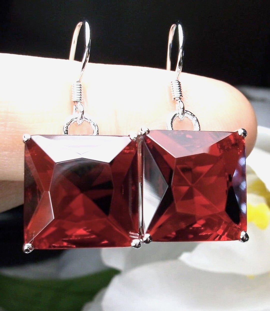 Red Ruby Earrings/ Solid Sterling Silver/ Square Simulated Red Ruby ...