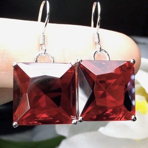 Red Ruby Earrings • Sterling Silver 925 • Big 20ctw Square Simulated ...