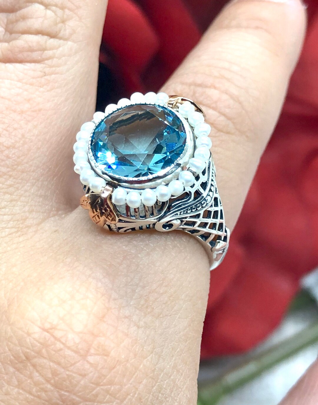 Aquamarine Blue & Pearl Ring/ 6ct Simulated Gem W/seed Pearl, Victorian ...