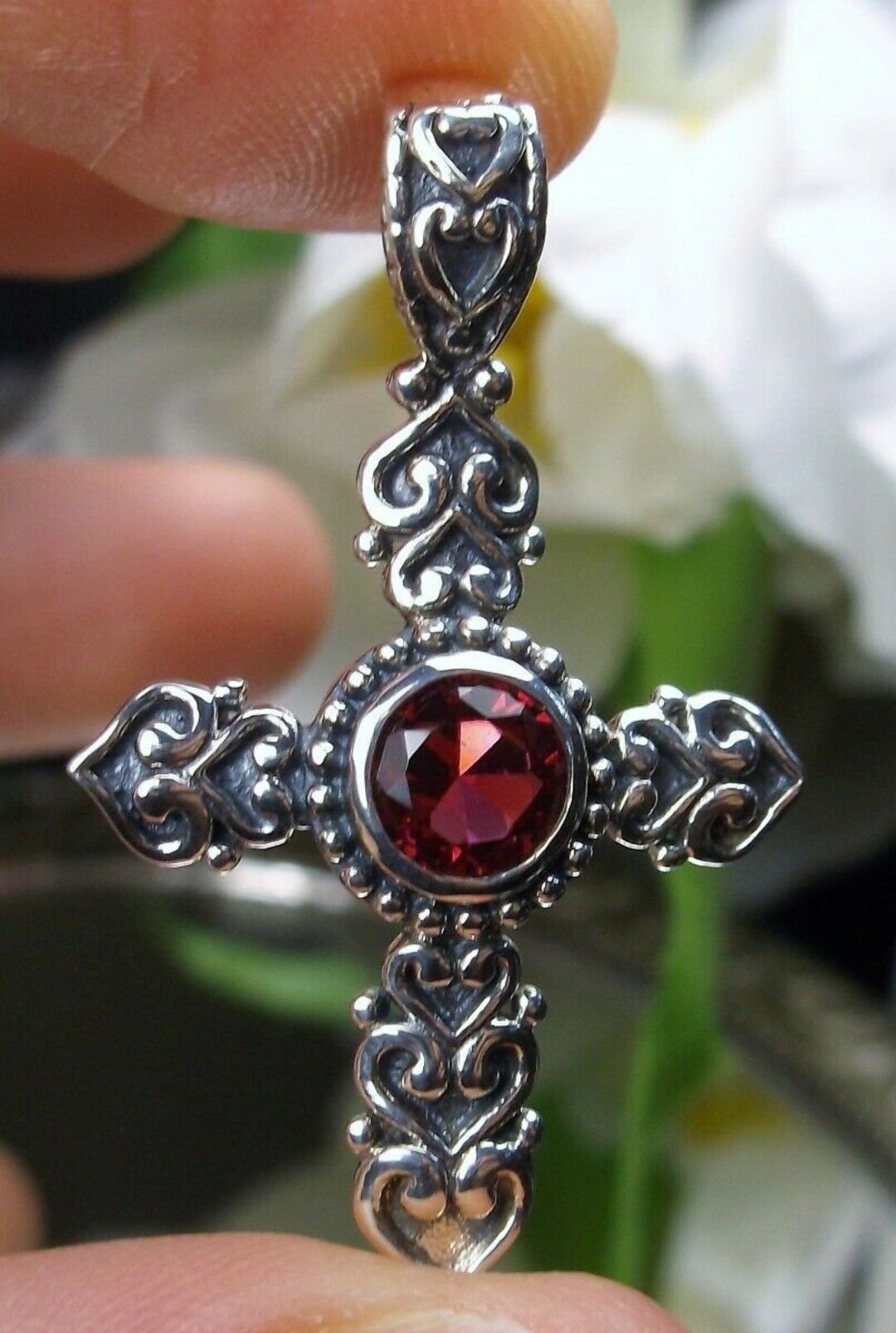 Ruby Cross Necklace | Simulated Gem, Gothic Celtic Filigree Sterling ...