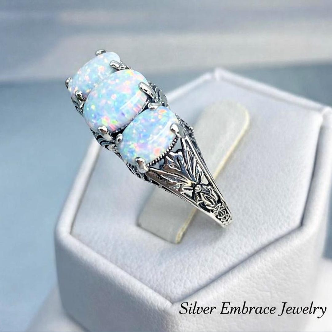 Opal Ring | Size 7 | Sterling Silver 925 Simulated 3gem White Rainbow ...