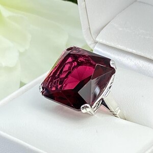 Ruby Ring/ Sterling Silver/ 20ct Big Huge Square Cut Simulated Red Gem ...