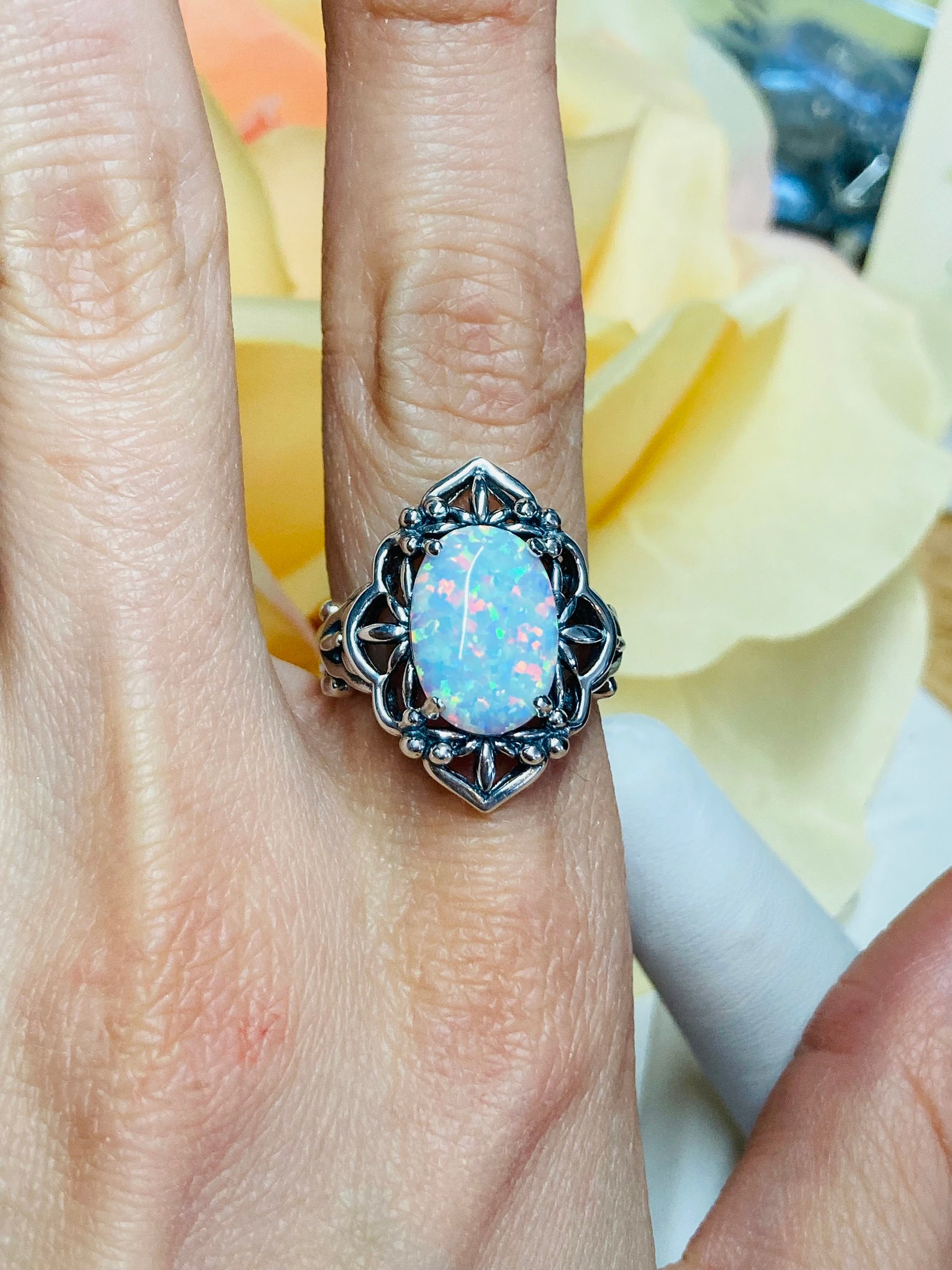 Rainbow Opal White Ring/ Sterling Silver/ Oval Simulated Opal Gem Mesh ...