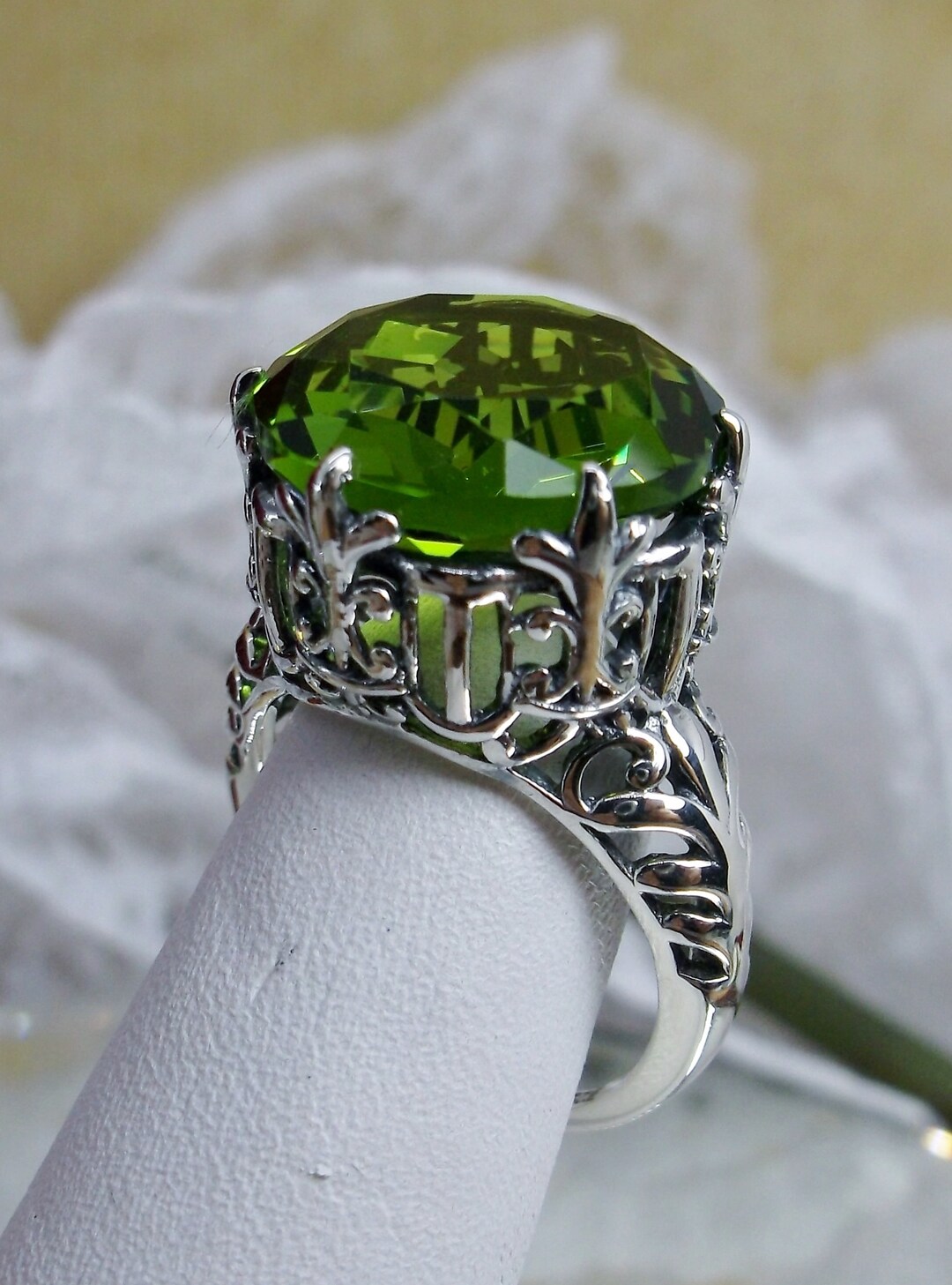 Peridot Ring/ Solid Sterling Silver/ 12ct Round Simulated Green Peridot ...