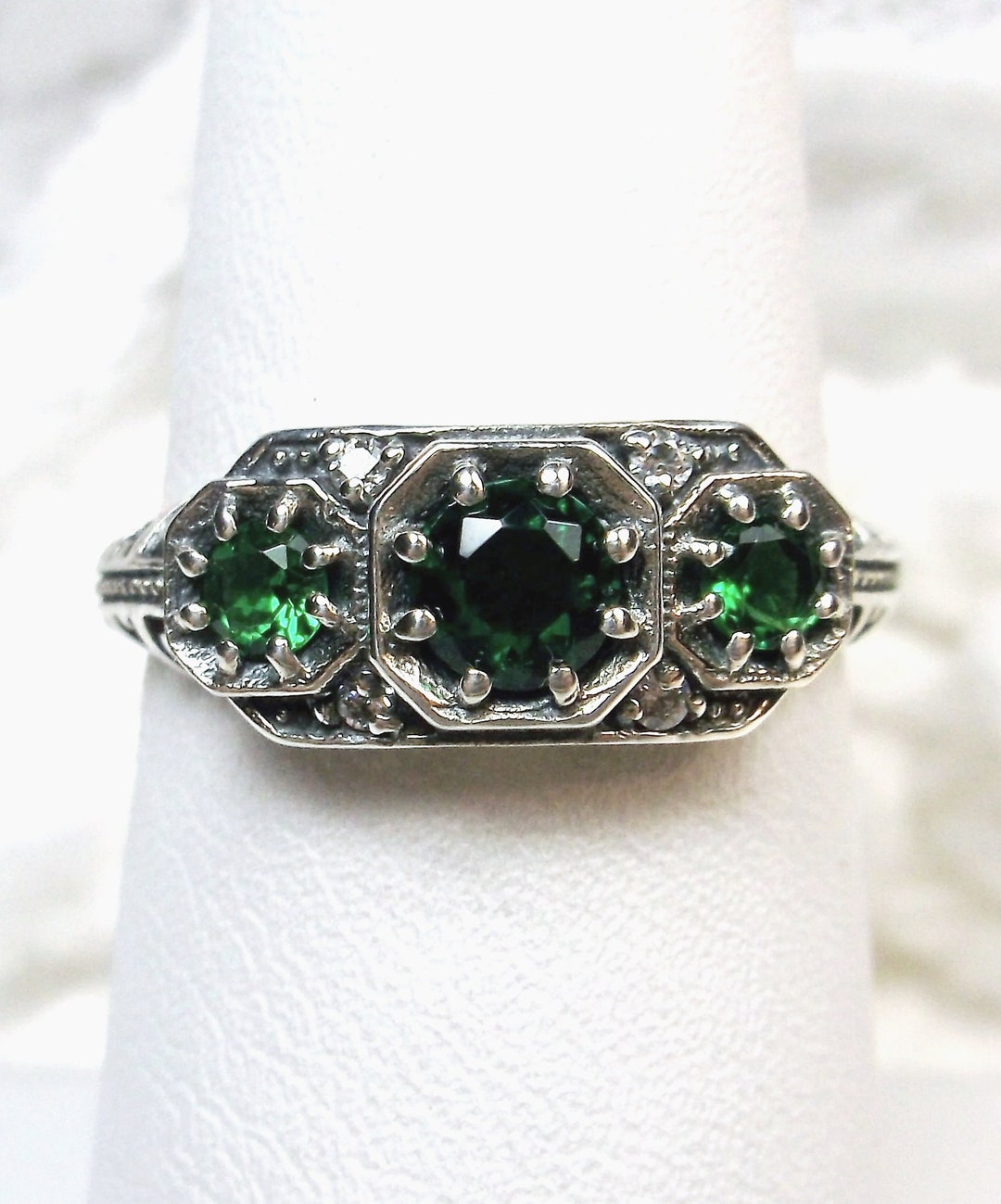 Green Emerald Ring/ Solid Sterling Silver/ Simulated or Natural Green ...