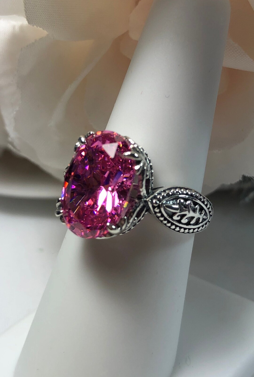 Pink Ring/ Solid Sterling Silver/ 5ct Oval Light Pink Cubic Zirconia or ...