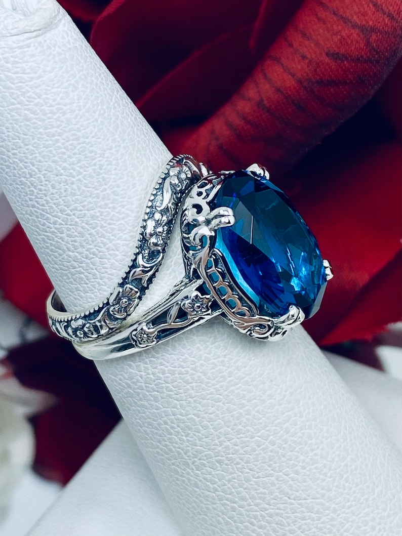 London Blue Ring With Floral Band Set/ Sterling Silver Ring /simulated ...