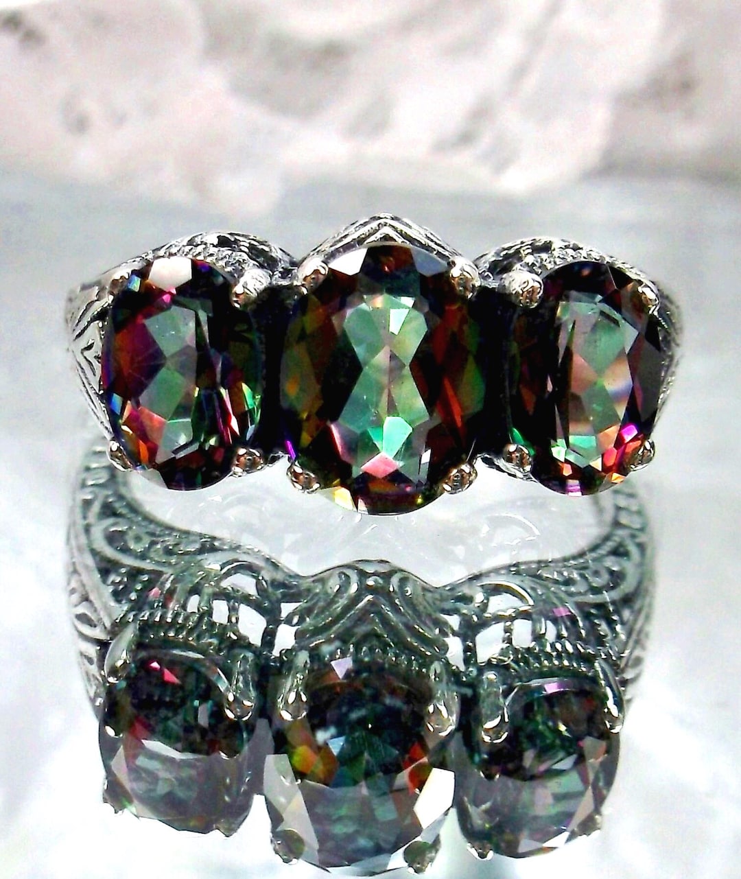 Mystic Topaz Ring/ Sterling Silver/ Mystic Topaz 3gem Art Deco ...
