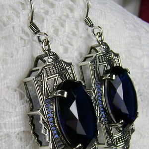 Blue Sapphire Earrings/ Solid Sterling Silver/ Oval Simulated Blue Sapphire, Art Deco 1920s ...