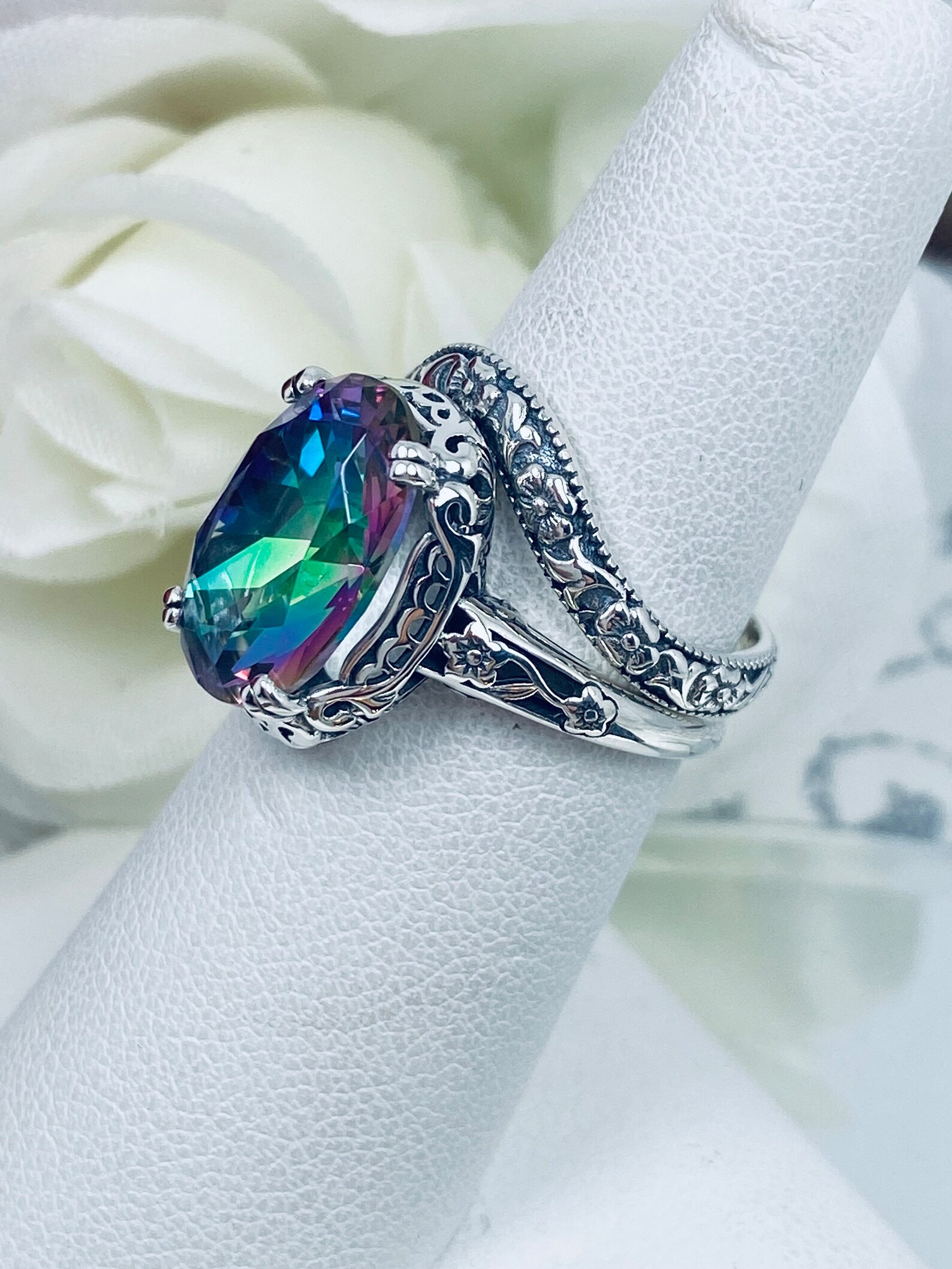 Rainbow Mystic Ring With Floral Band Set, Sterling Silver Ring ...