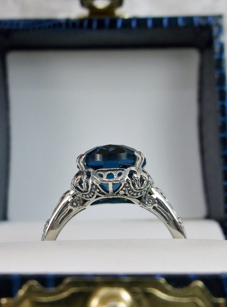 Anillo de topacio azul Londres/gema natural de 7 quilates con filigrana ...