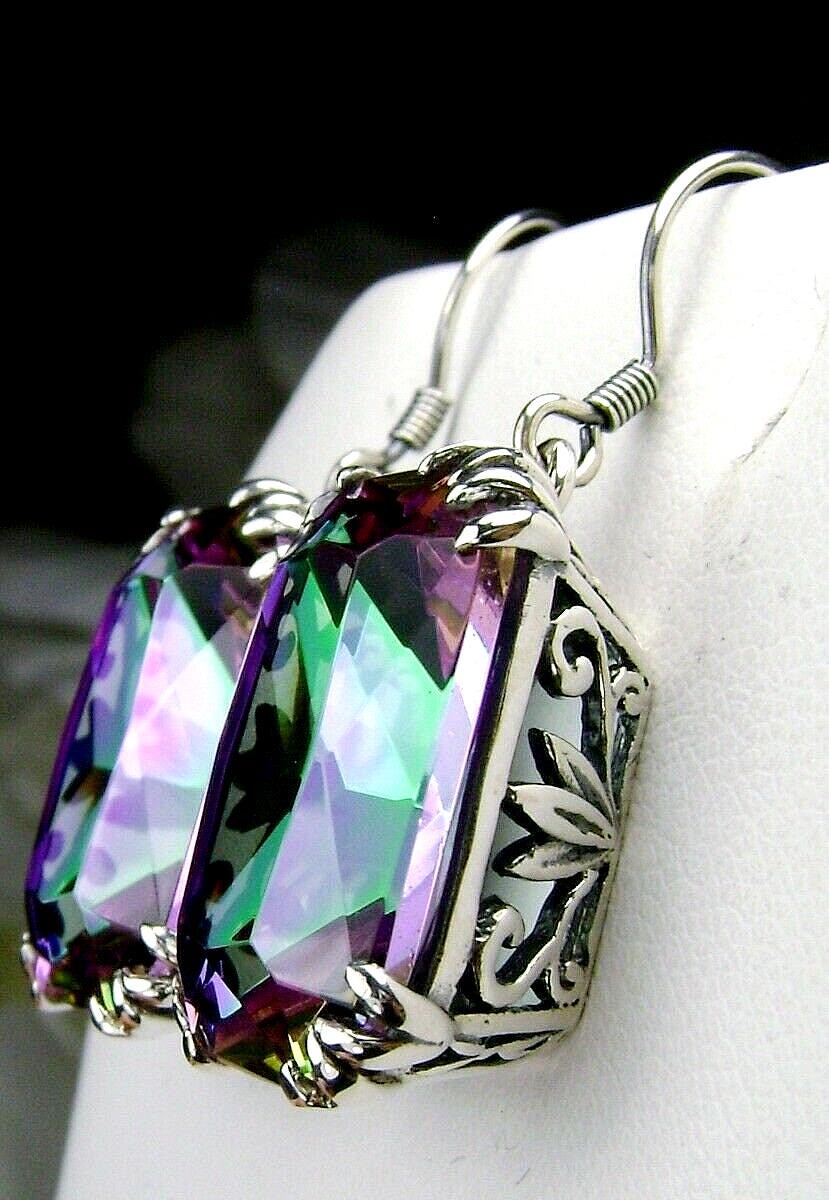 Mystic Topaz Earrings, Simulated Rainbow Gems, Floral Leaf Sterling ...