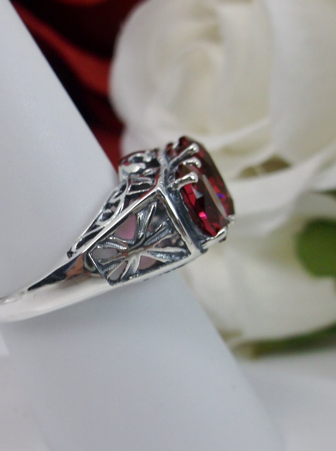 Ruby Ring/ Solid Sterling Silver/ 3-Gem Oval Cut Simulated | Etsy