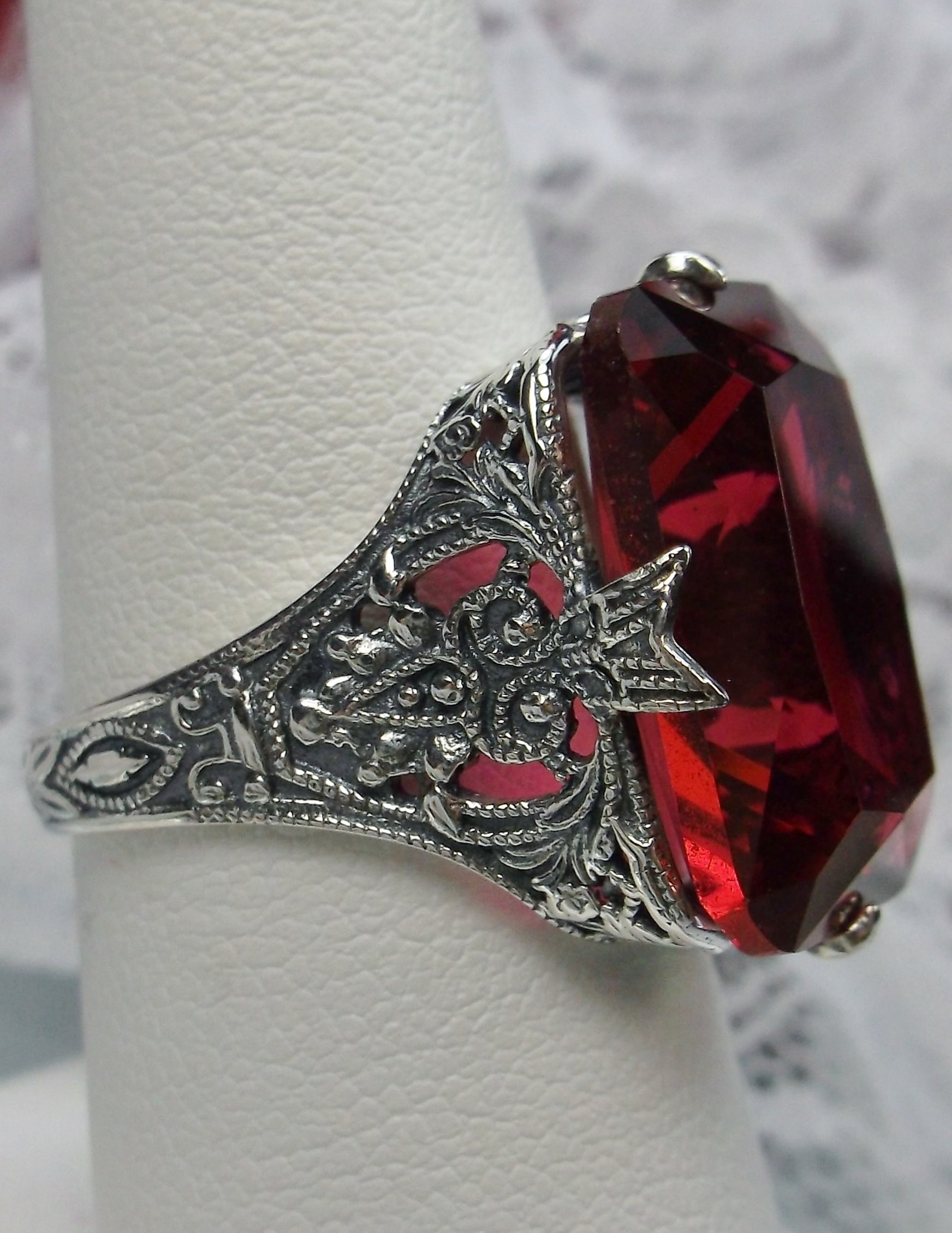 Ruby Ring Size 7 Sterling 925 Silver 17ct Simulated Red Ruby Gem Art ...