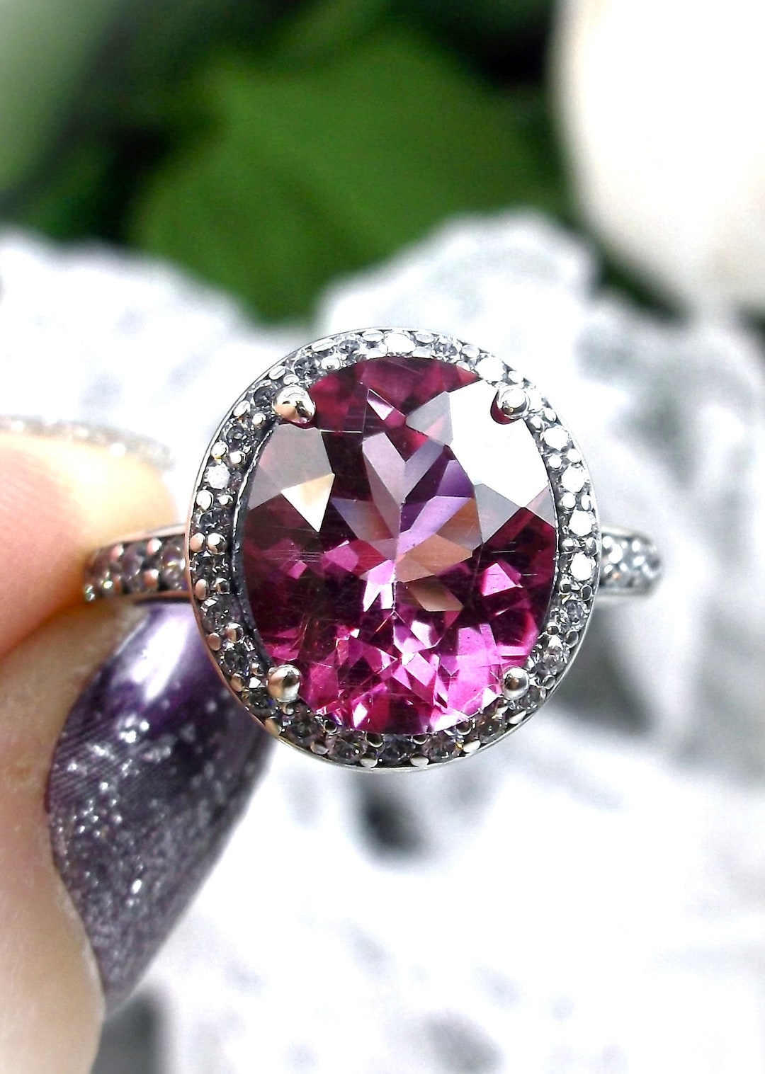Natural Pink Topaz Ring/ 3.8ct Hot Pink Topaz W/ Pavé Accents Halo Art ...