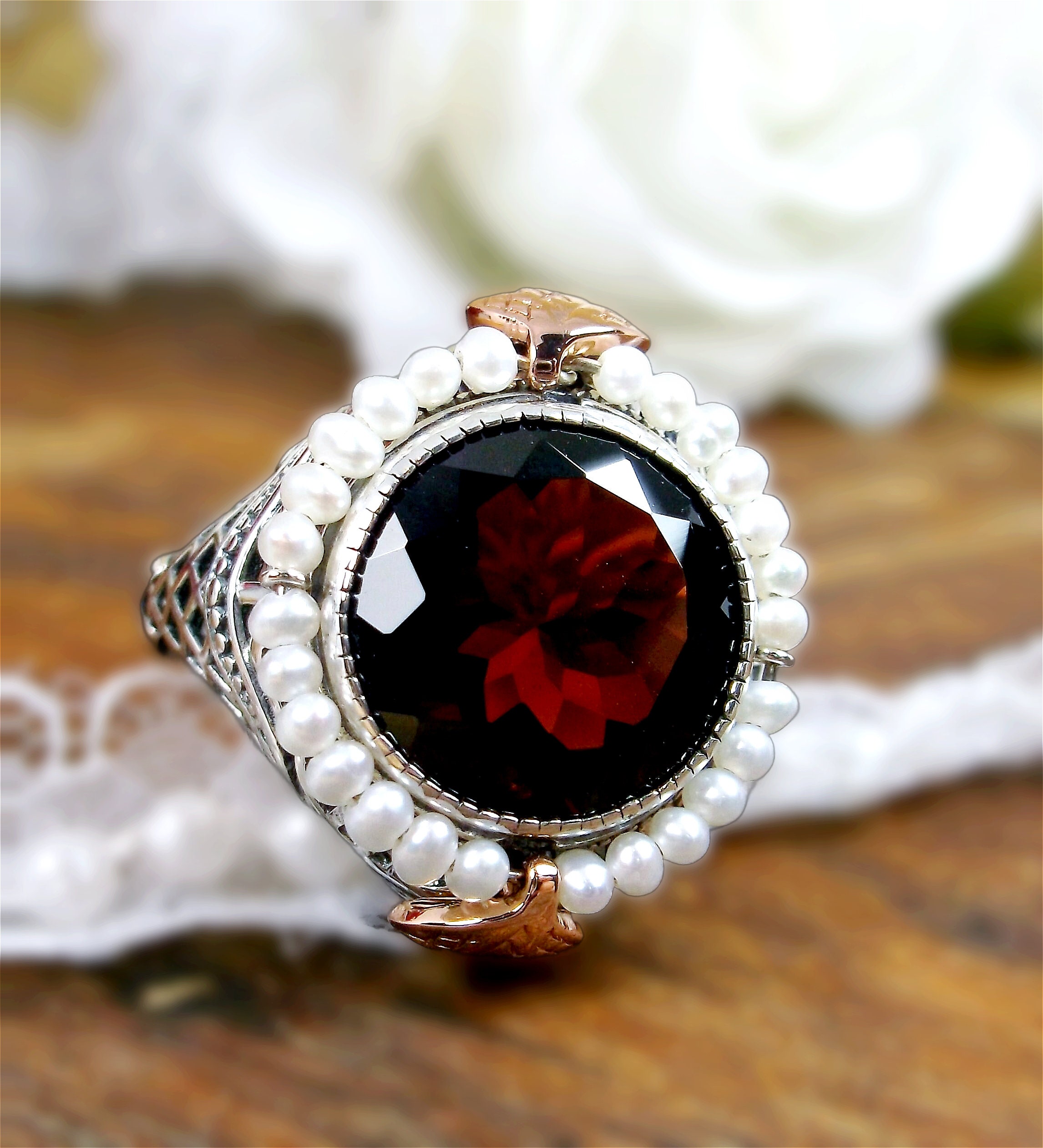 Natural Garnet Pearl Ring 5ct Natural Gem W seed Pearl Victorian Style Sterling Silver Rose Gold Filigree made to Order D238 Etsy