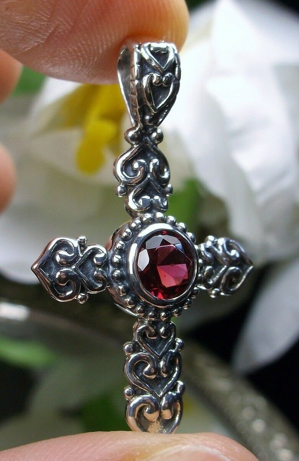 Ruby Cross Pendant/ Solid Sterling Silver/ Simulated Red Ruby - Etsy