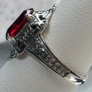 Ruby Ring/ Solid Sterling Silver/ Oval Simulated Red Ruby, Egyptian Filigree, Classic Art Deco ...