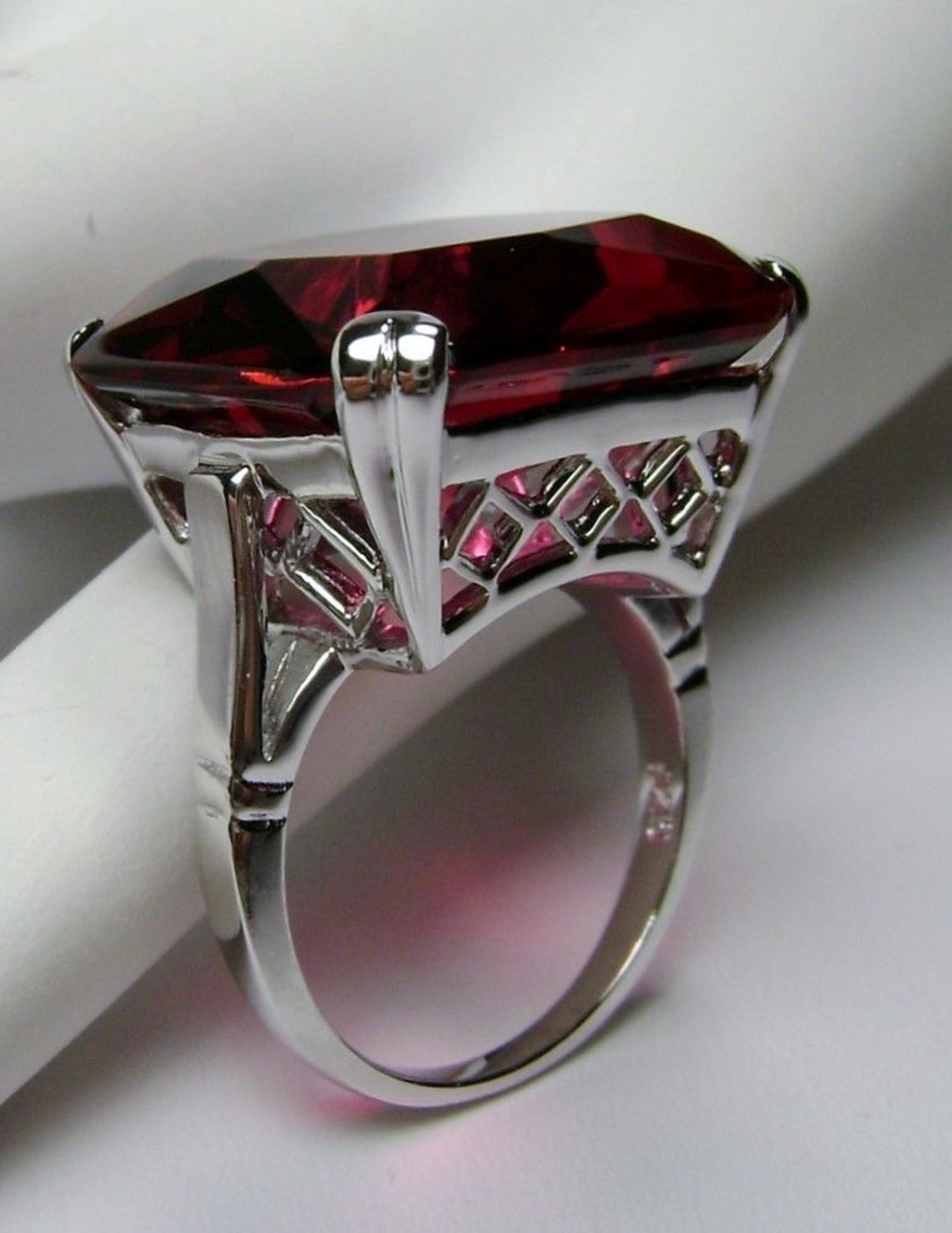 Ruby Ring/ Sterling Silver/ 20ct Big Huge Square Cut Simulated Red Gem ...