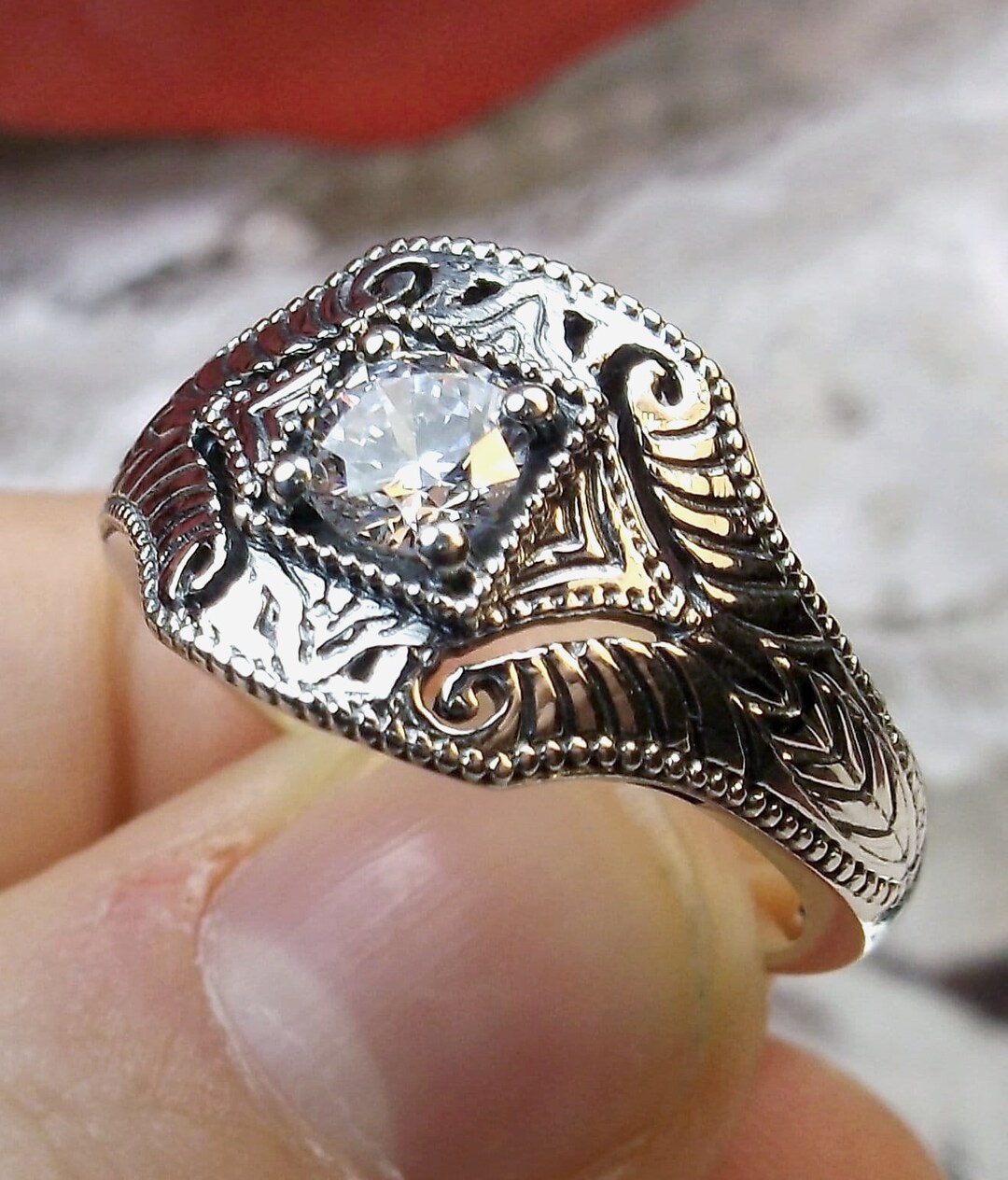 White Gemstone Ring Sterling Silver White CZ or Lab Moissanite Vintage ...