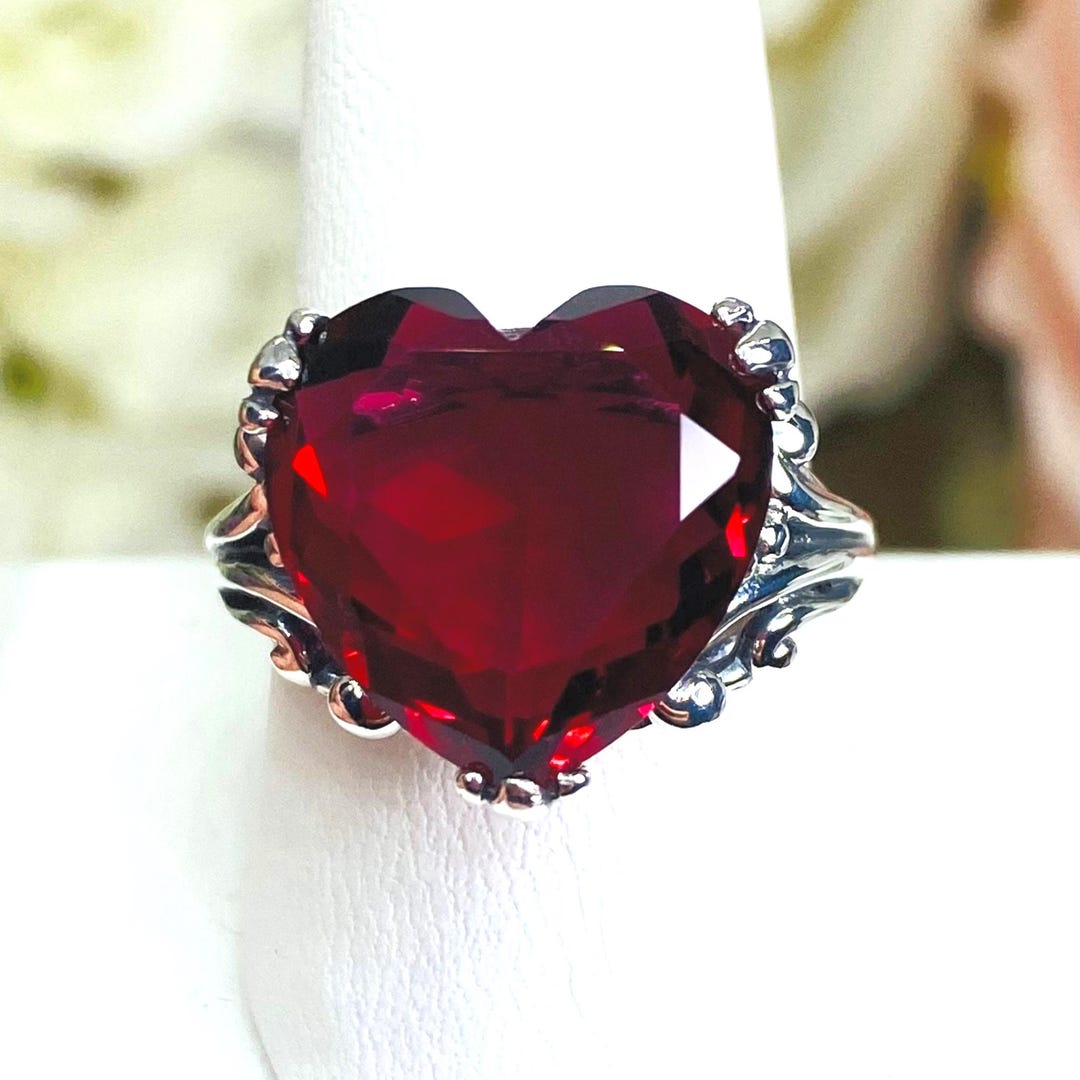 Heart Red Ruby Ring/ Sterling Silver/ Big Love Leaf Claw Filigree Huge ...