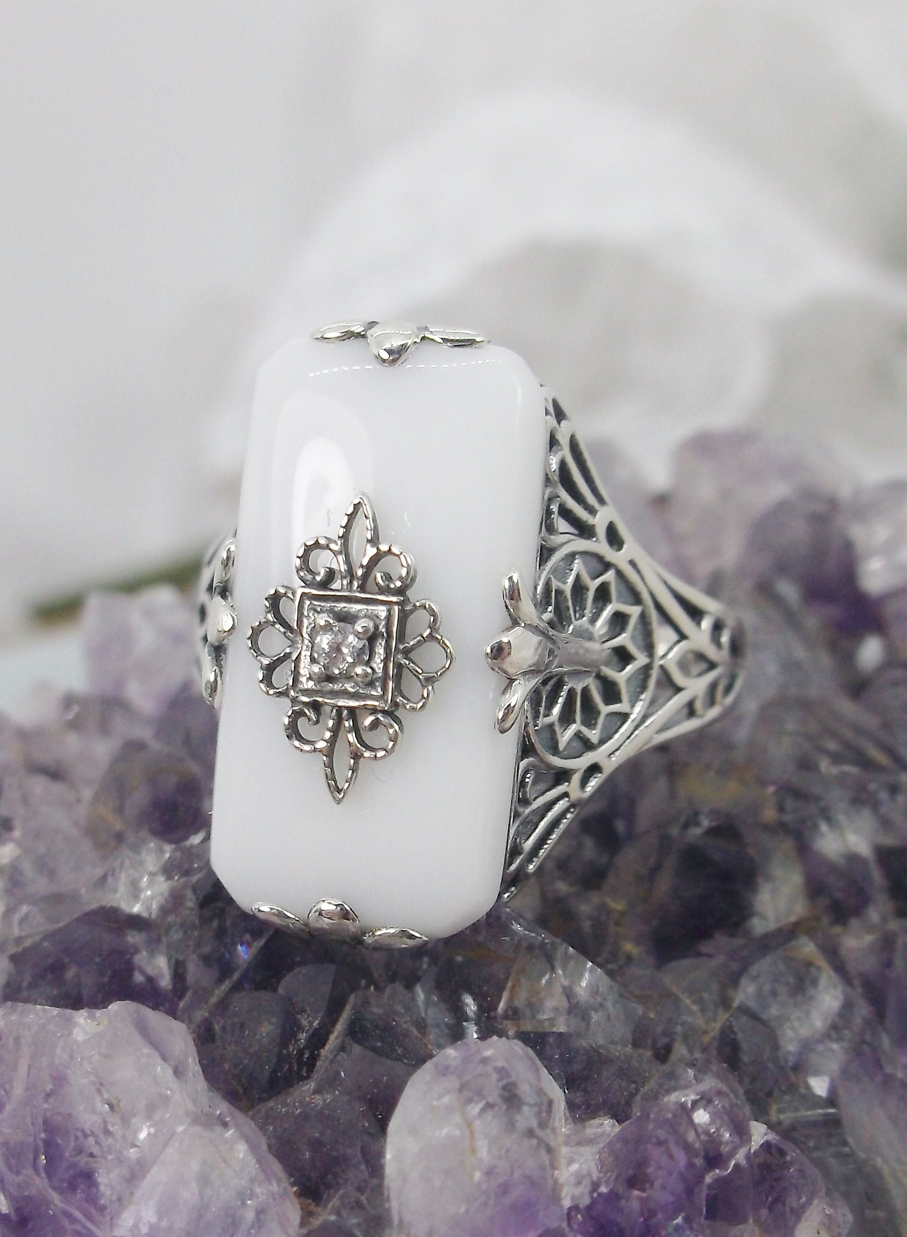 White Inset Stone Ring/ Sterling Silver/ Embellished Gem & CZ | Etsy