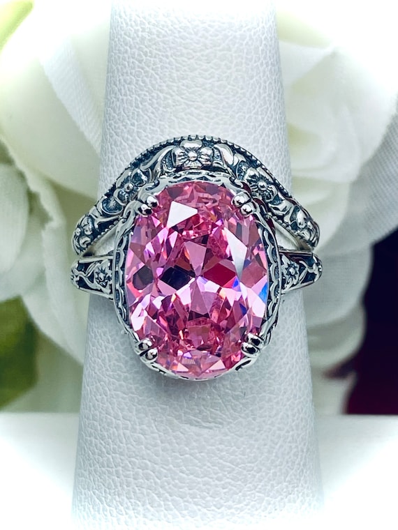 Pink CZ Ring With Floral Band Upgrade Sterling Silver Ring oval Cubic Zirconia Gem Save 10 on Set custom Made Design70 Etsy