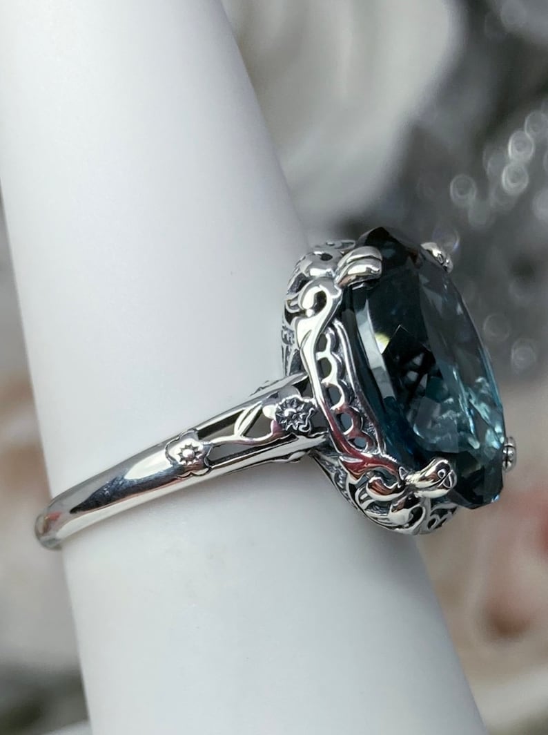 Anillo de topacio azul Londres/gema natural de 7 quilates con filigrana ...