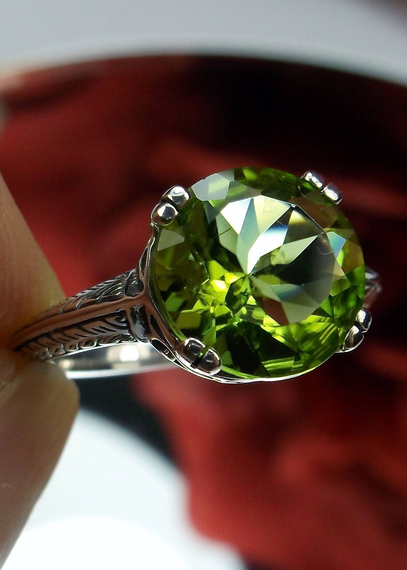 Natural Green Peridot Ring / 10k 14k White Gold or Sterling | Etsy