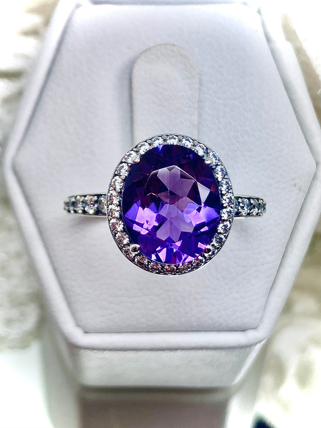 Natural Amethyst Ring/ 2.8ct Oval Cut Natural Amethyst & White CZ Pavé ...