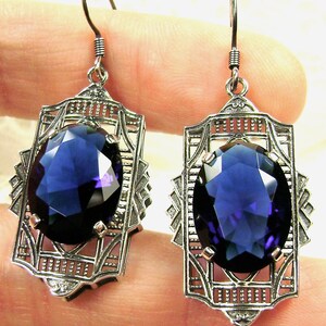 Blue Sapphire Earrings/ Solid Sterling Silver/ Oval Simulated Blue Sapphire, Art Deco 1920s ...