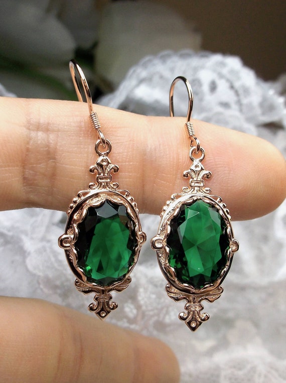 Emerald Earrings Rose Gold Plated Sterling Silver Simulated Green Emerald Victorian Fleur De Lis Filigree custom Made Designe18 Etsy