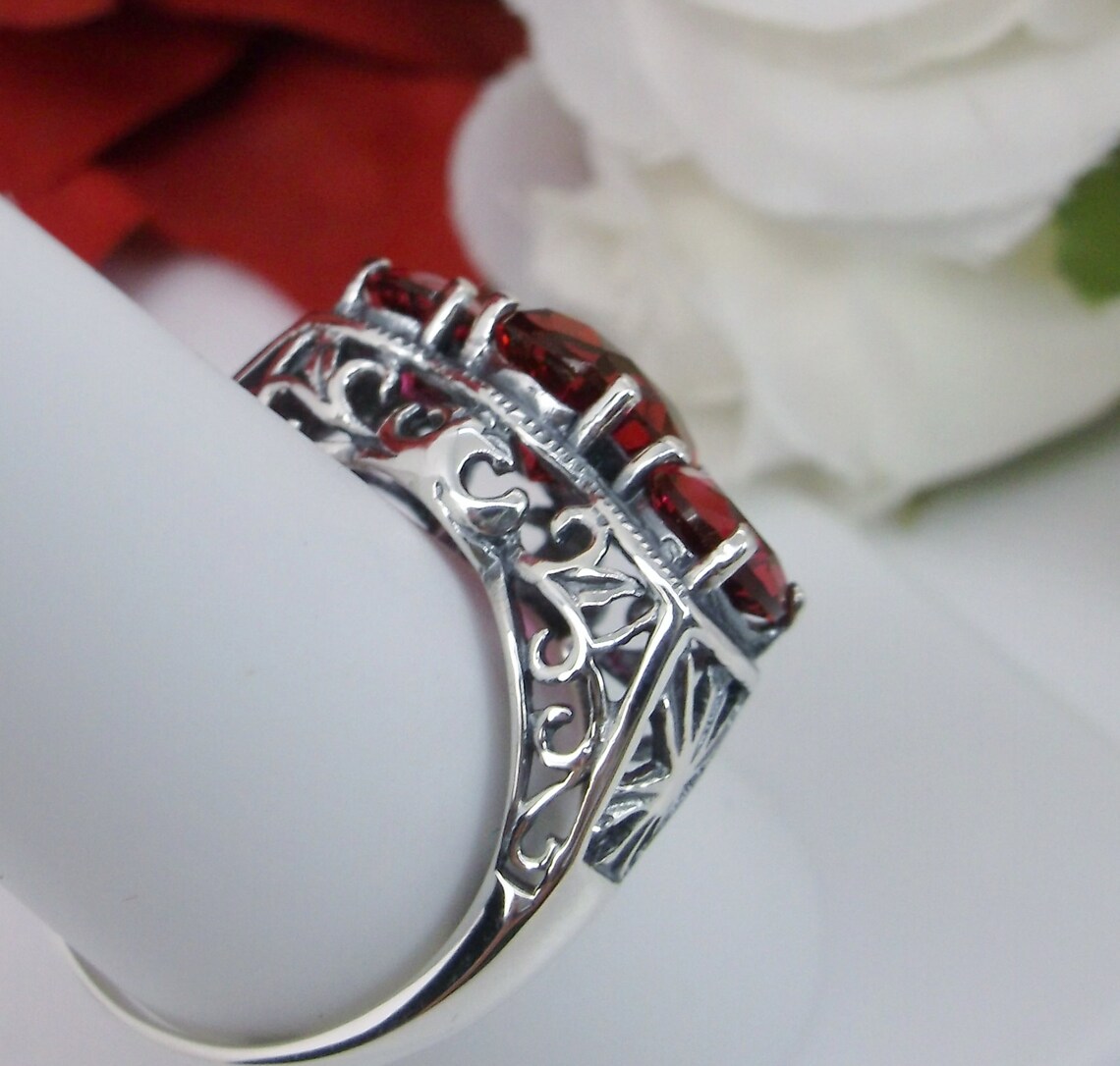 Ruby Ring/ Solid Sterling Silver/ 3-Gem Oval Cut Simulated | Etsy