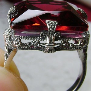 Red Ruby Ring/ Solid Sterling Silver/ Square 12ct Simulated Red Ruby Victorian Floral Filigree ...