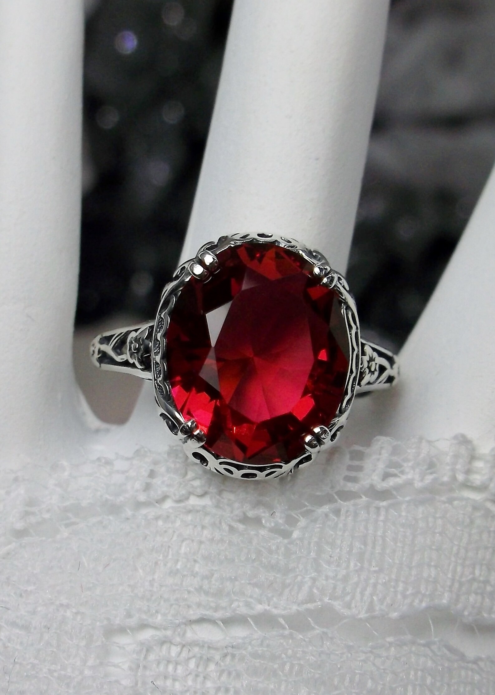 Ruby Ring/ Sterling Silver/ 5ct Simulated Ruby Silver Floral | Etsy