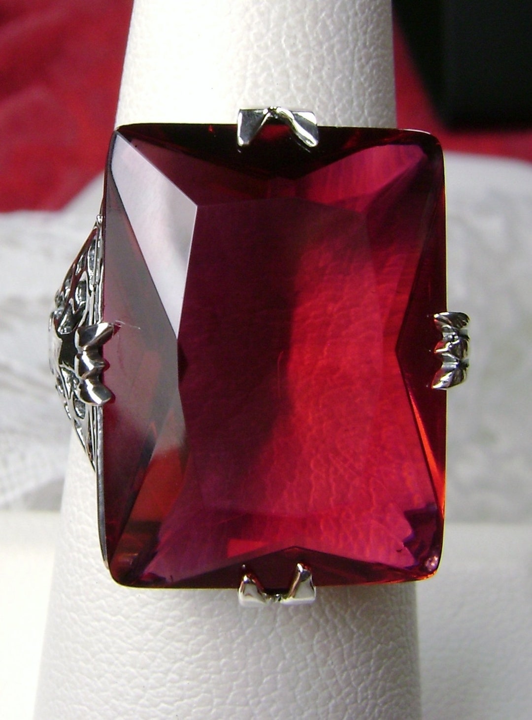 Red Ruby Ring | Size 7 | Sterling Silver 30ct Rectangle Huge Simulated ...
