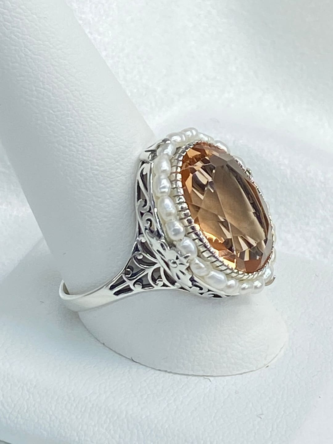 Peach Topaz Ring, Size 10.5, With Pearl Accents & Sterling Silver ...