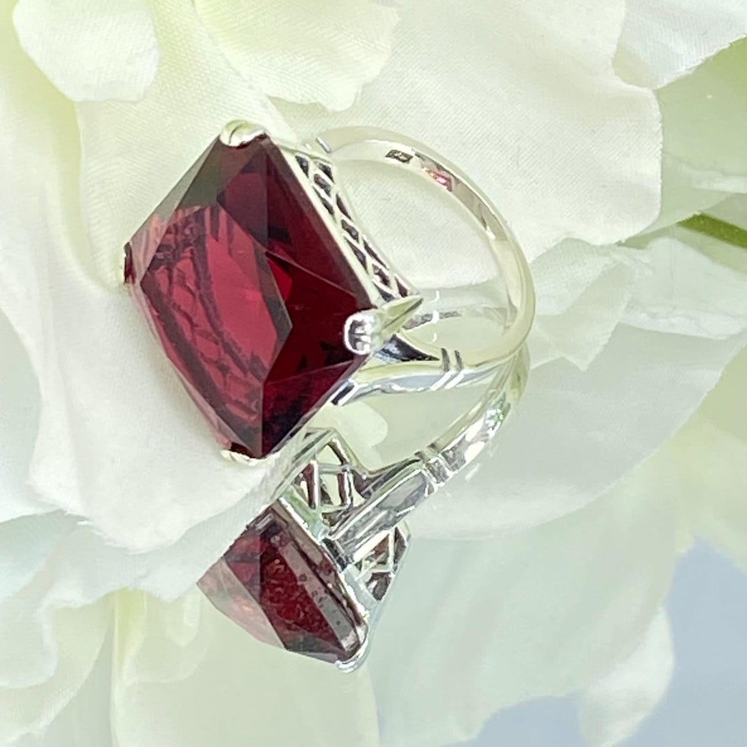 Ruby Ring/ Sterling Silver/ 20ct Big Huge Square Cut Simulated Red Gem ...