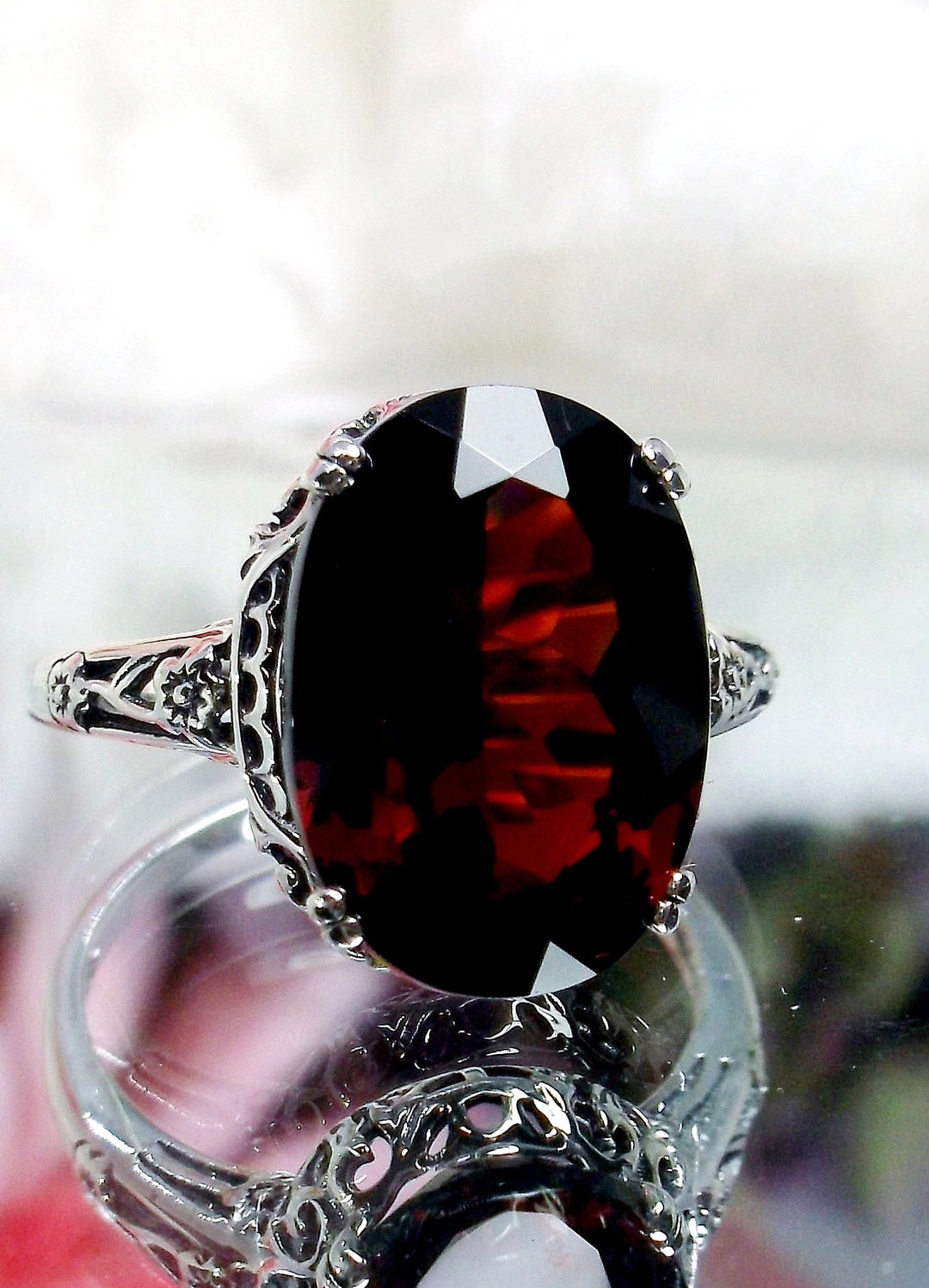 Natural Red Garnet Ring Sterling Silver | 7ct Oval Cut Genuine Gemstone ...