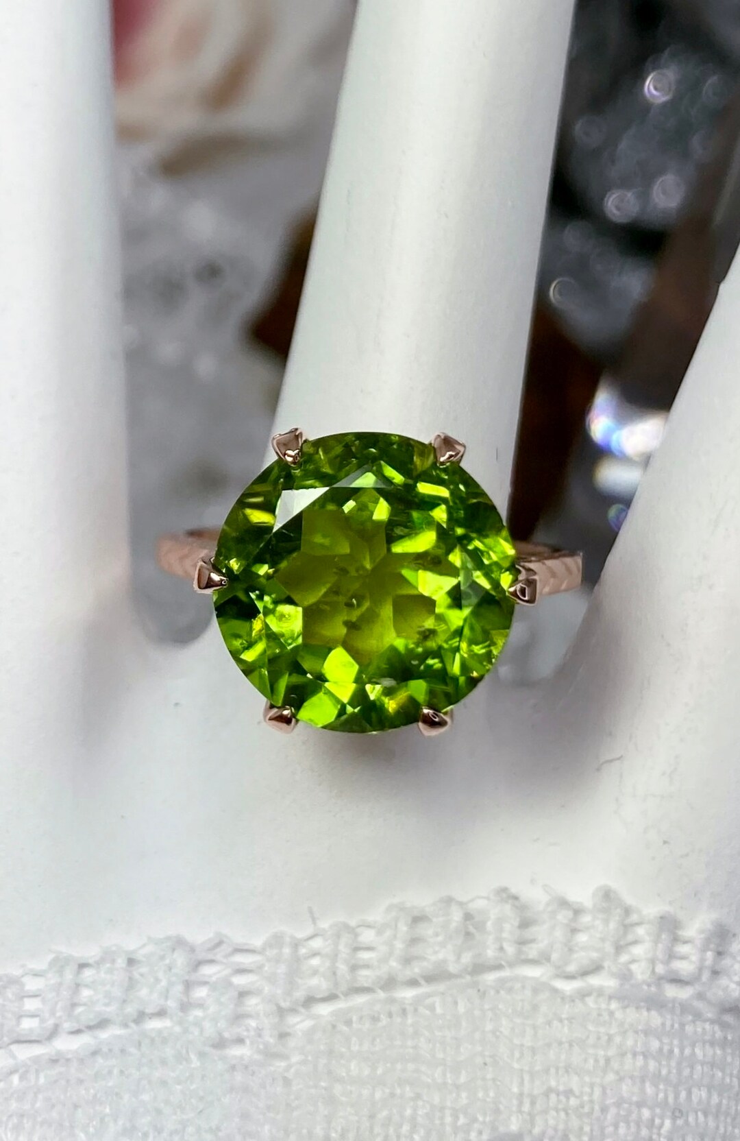 Peridot Ring/ Rose Gold Plated Sterling Silver/ 6ct Round Cut Natural ...