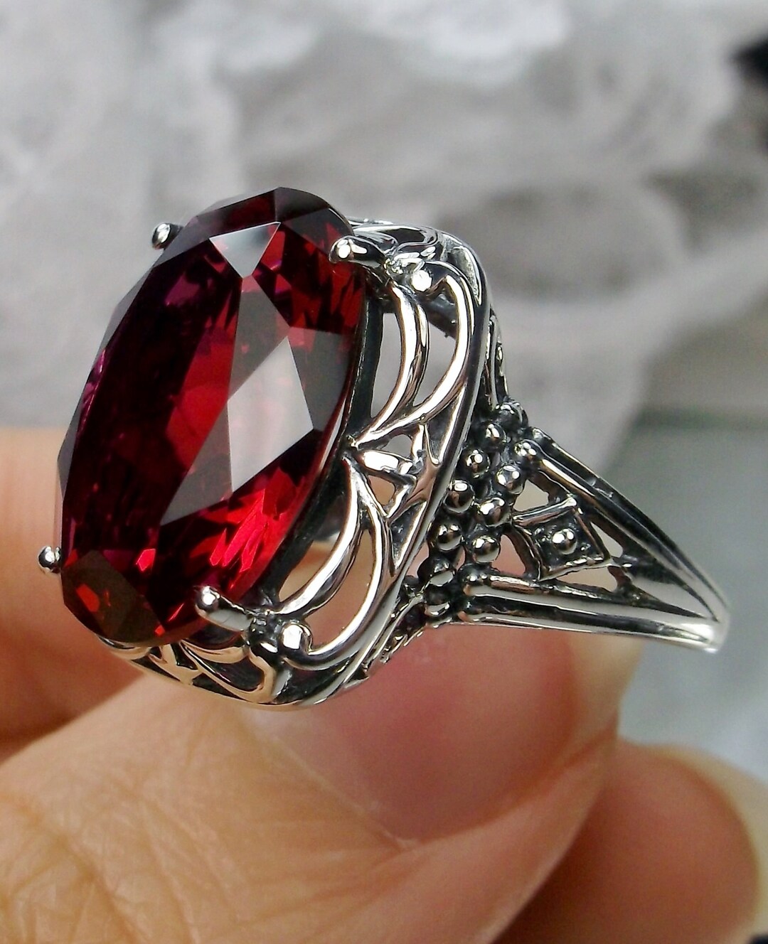 Ruby Ring/ Solid Sterling Silver/ 12ct Oval Cut Simulated Red Ruby, Retro Swirl Filigree custom ...