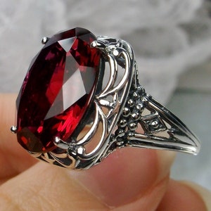 Ruby Ring/ Solid Sterling Silver/ 12ct Oval Cut Simulated Red Ruby, Retro Swirl Filigree custom ...