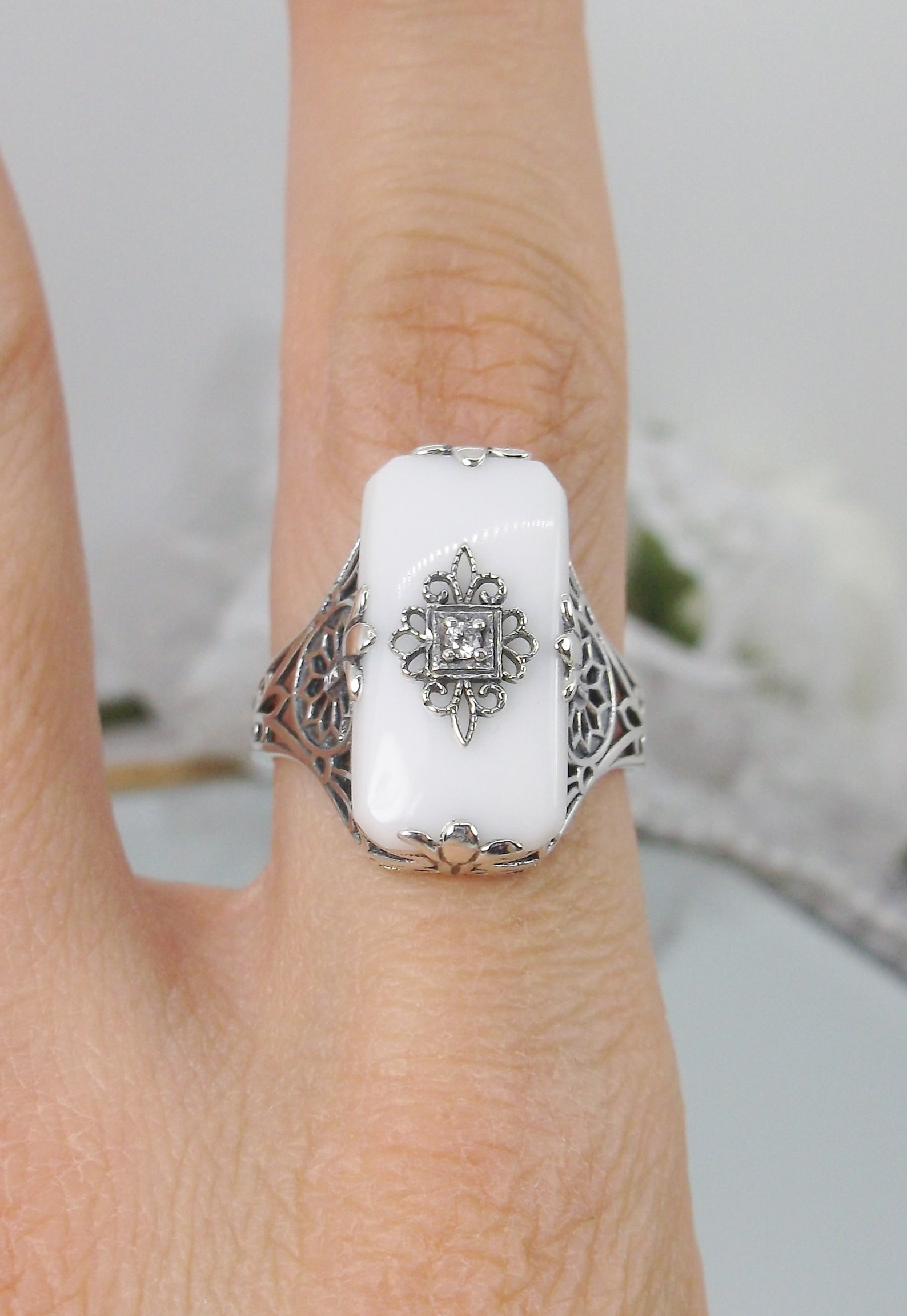 White Inset Stone Ring/ Sterling Silver/ Embellished Gem & CZ - Etsy