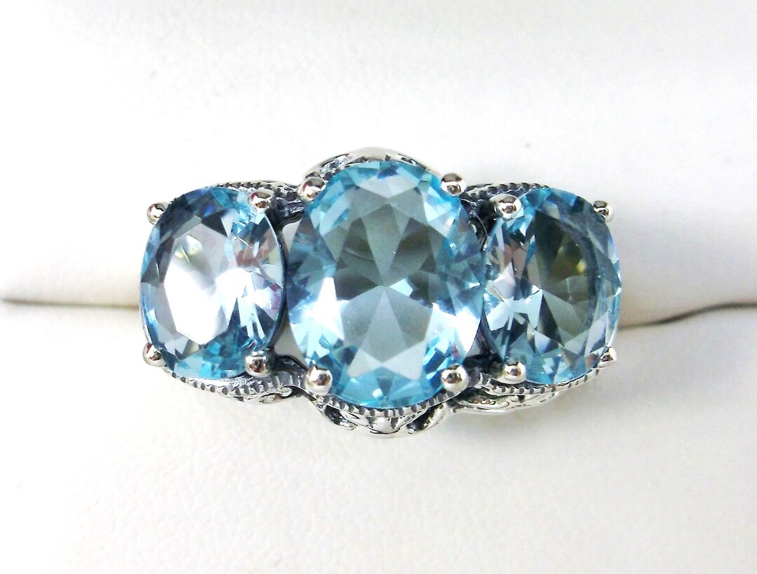 Aquamarine Blue Ring/ Sterling Silver 3-gem Oval Cut Sky Blue Gem Art ...