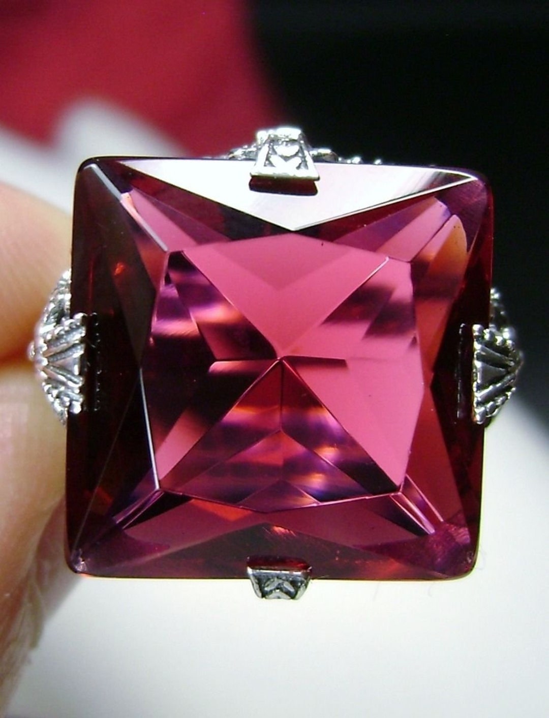 Red Ruby Ring/ Solid Sterling Silver/ Square 12ct Simulated Red Ruby ...