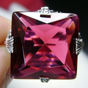 Red Ruby Ring/ Solid Sterling Silver/ Square 12ct Simulated Red Ruby Victorian Floral Filigree ...