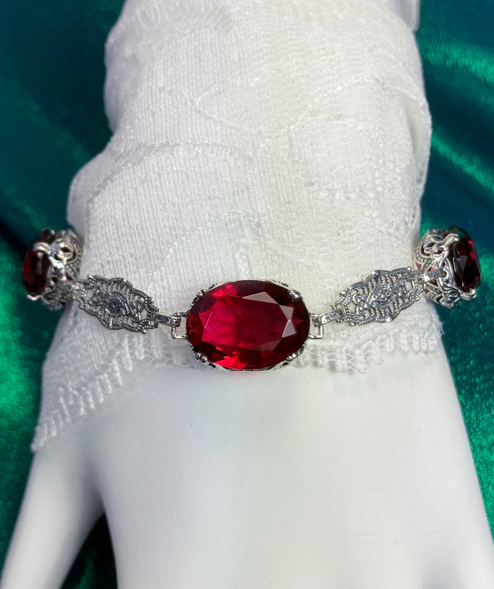 Red Ruby Bracelet/ Sterling Silver/ Oval Simulated Red Ruby - Etsy