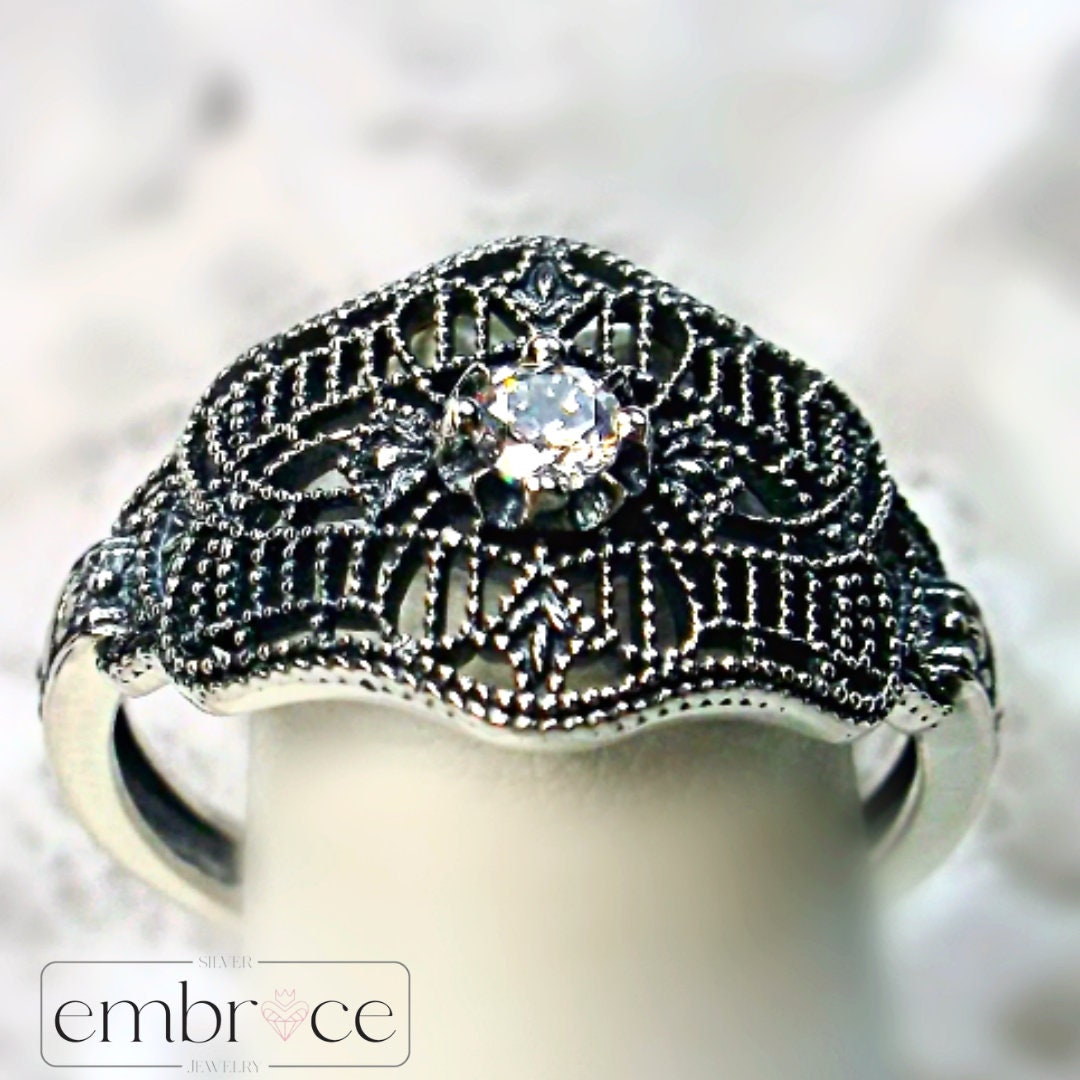 Antique Replica Ring/ Solid Sterling Silver/ White CZ or Lab Moissanite ...