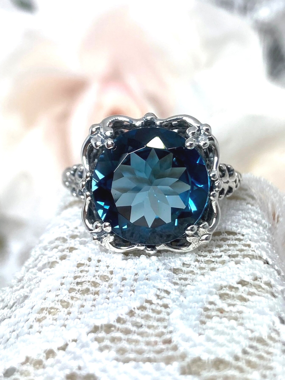 London Blue Topaz Ring Sterling Silver or Gold 7ct Round Natural Topaz ...